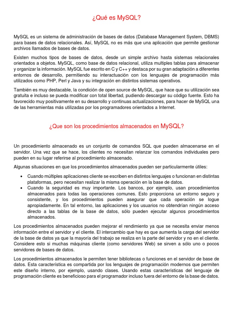 Guía de MySQL y Procedimientos Almacenados | PDF | Mi sql | Bases de datos