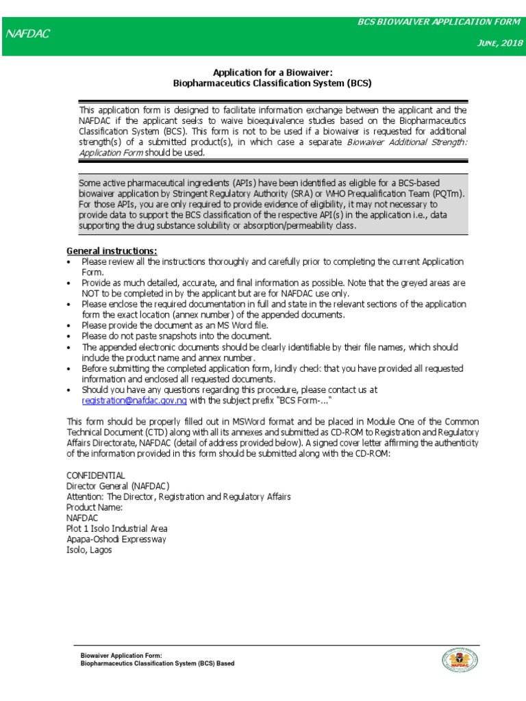 BCS Biowaiver Form NAFDAC2249126412 1 | PDF | Tablet (Pharmacy ...