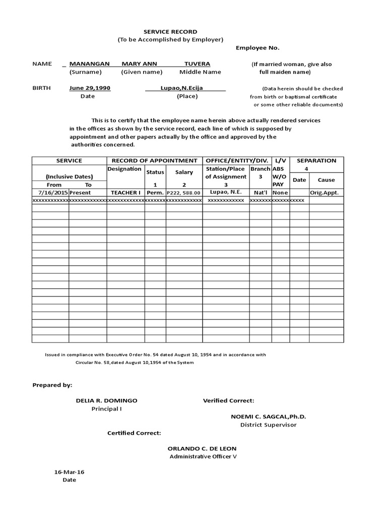 (To Be Accomplished by Employer) : Service Record Employee No | PDF ...