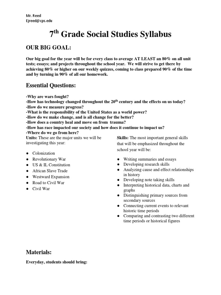 7 Grade Social Studies Syllabus: TH Our Big Goal | PDF | Homework ...