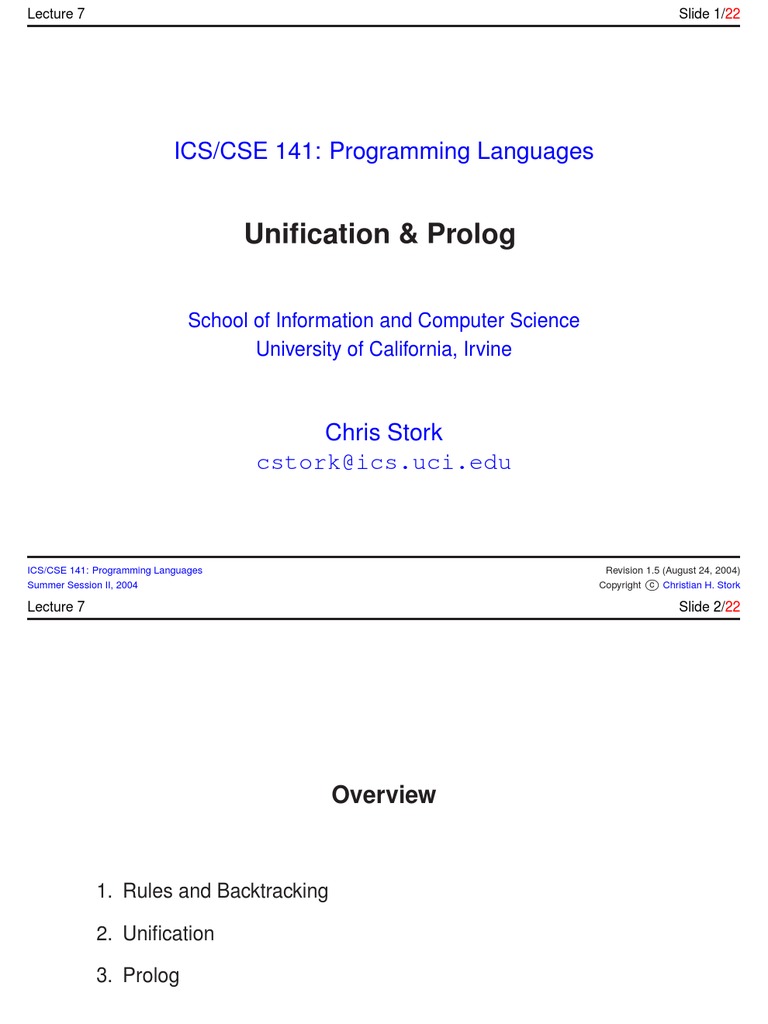 Unification & Prolog: ICS/CSE 141: Programming Languages | PDF | Scheme (Programming Language ...