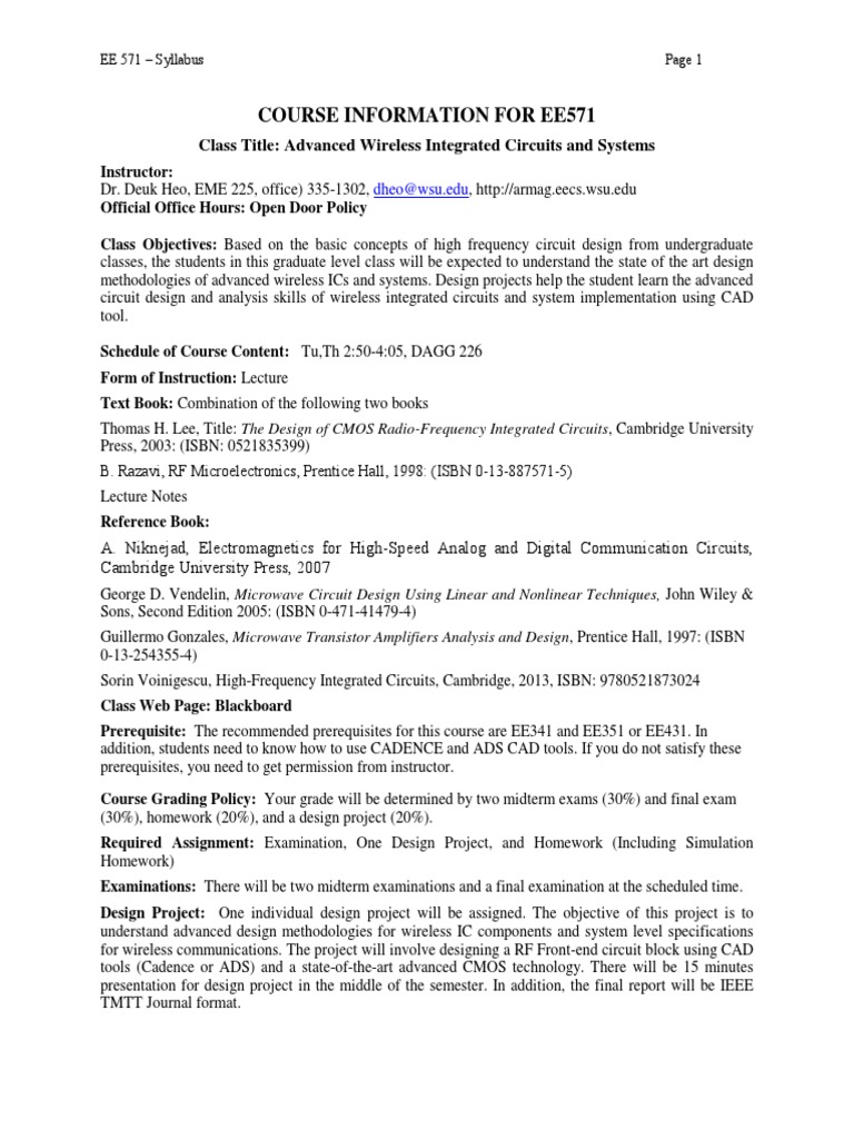 Course Details and Information For Ee6321 (2d, 1s) | PDF | Academic ...