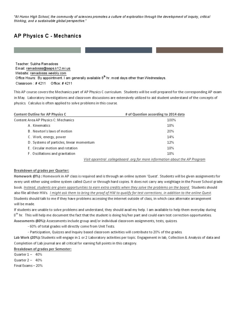Ap Phy C Syllabus Huron | PDF | Students | Test (Assessment)