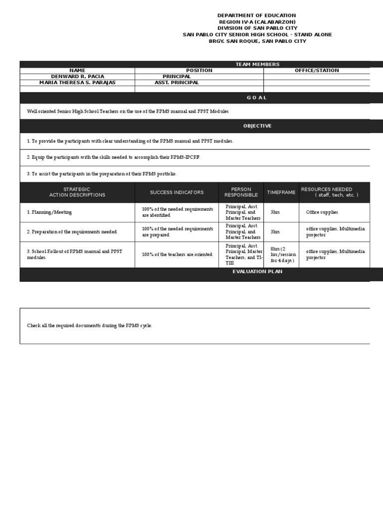 RPMS PPST Roll Out Action Plan Template | Teachers | Psychological Concepts