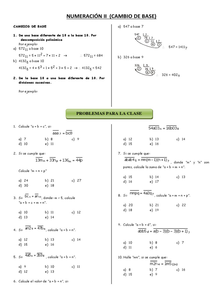Ejercicios de Cambio de Base Numérica | PDF | Notación Matemática ...