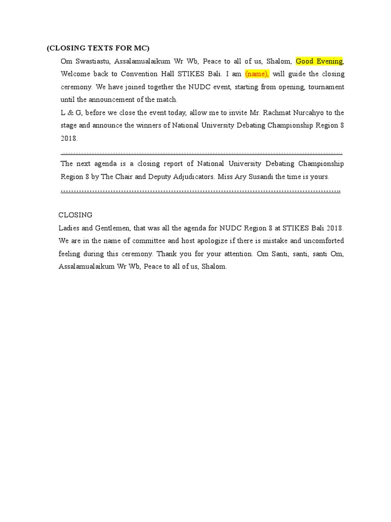 Teks MC Closing Nudc 2018 | PDF