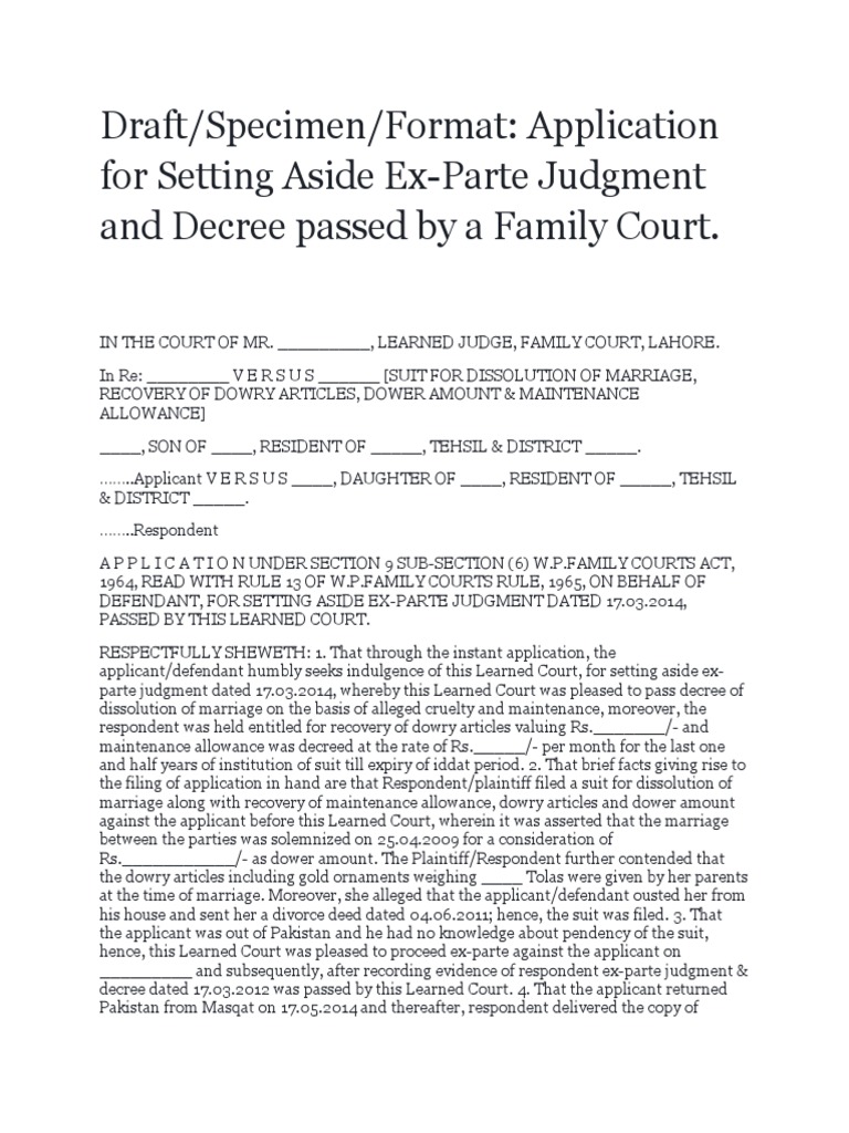 Application For Setting Aside Ex-Parte Judgment and Decree Passed by A ...