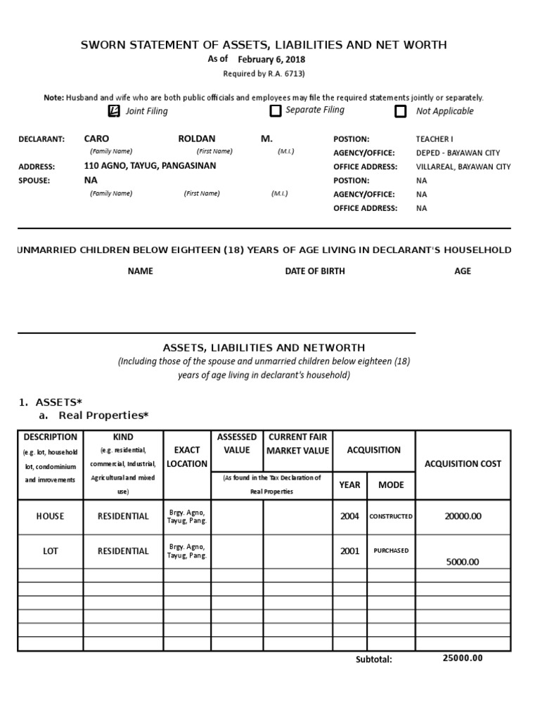 Sworn Statement of Assets, Liabilities and Net Worth: Joint Filing ...