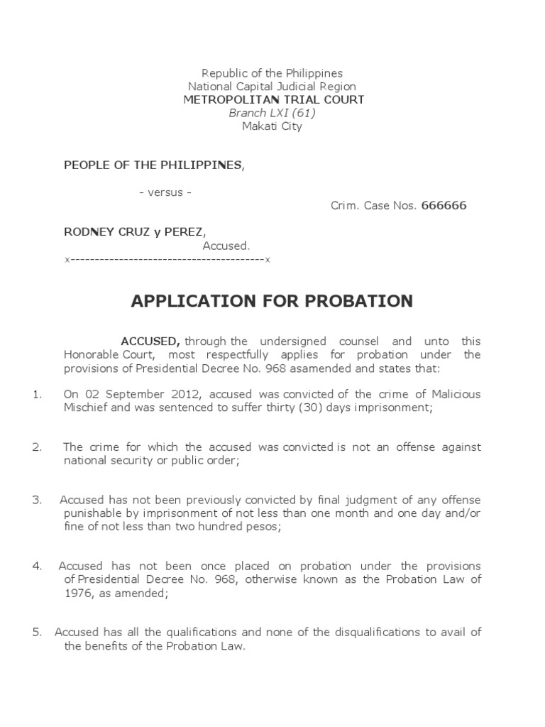 Sample Application for Probation | Probation | Crimes