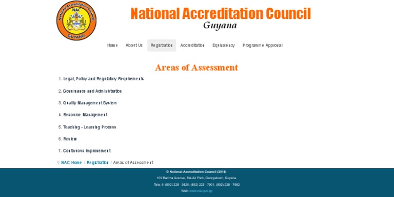 National Accreditation Council Guyana Areas of Assessment | PDF