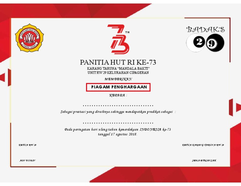 Piagam Penghargaan HUT RI ke-73 | PDF