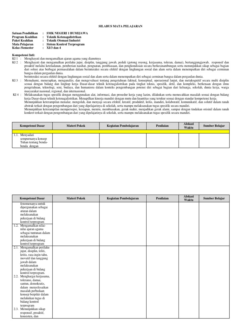 Silabus Mapel Sistem Kontrol Terprogram Kelas XI 2018 | PDF