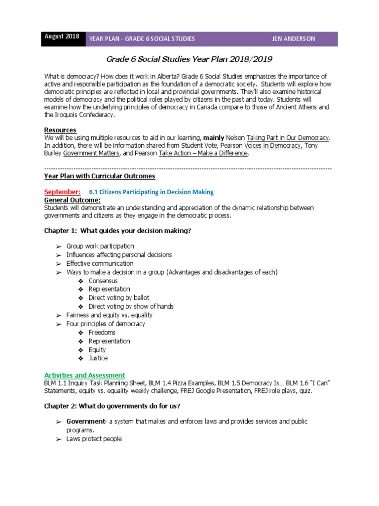 Grade 6 Social Studies Year Plan 2018/2019 | PDF | Democracy ...