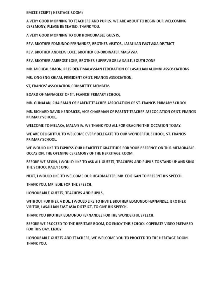 Emcee Script Heritage Room | PDF