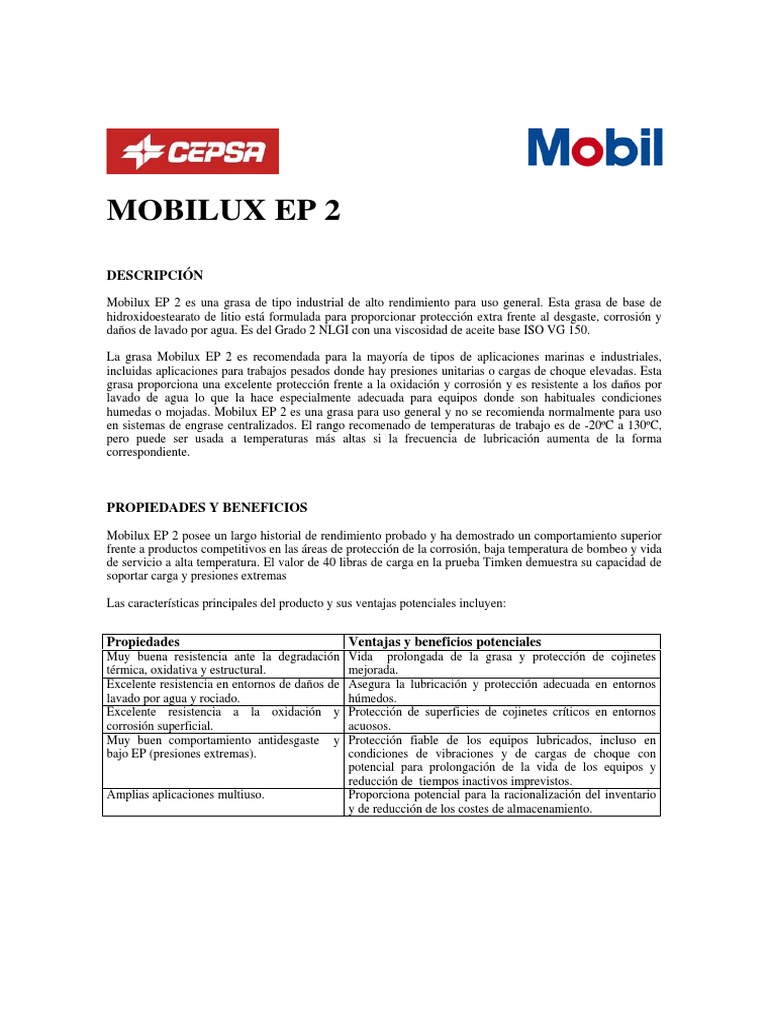 Microsoft Word - MOBILUX EP 2 | PDF | Lubricante | Corrosión