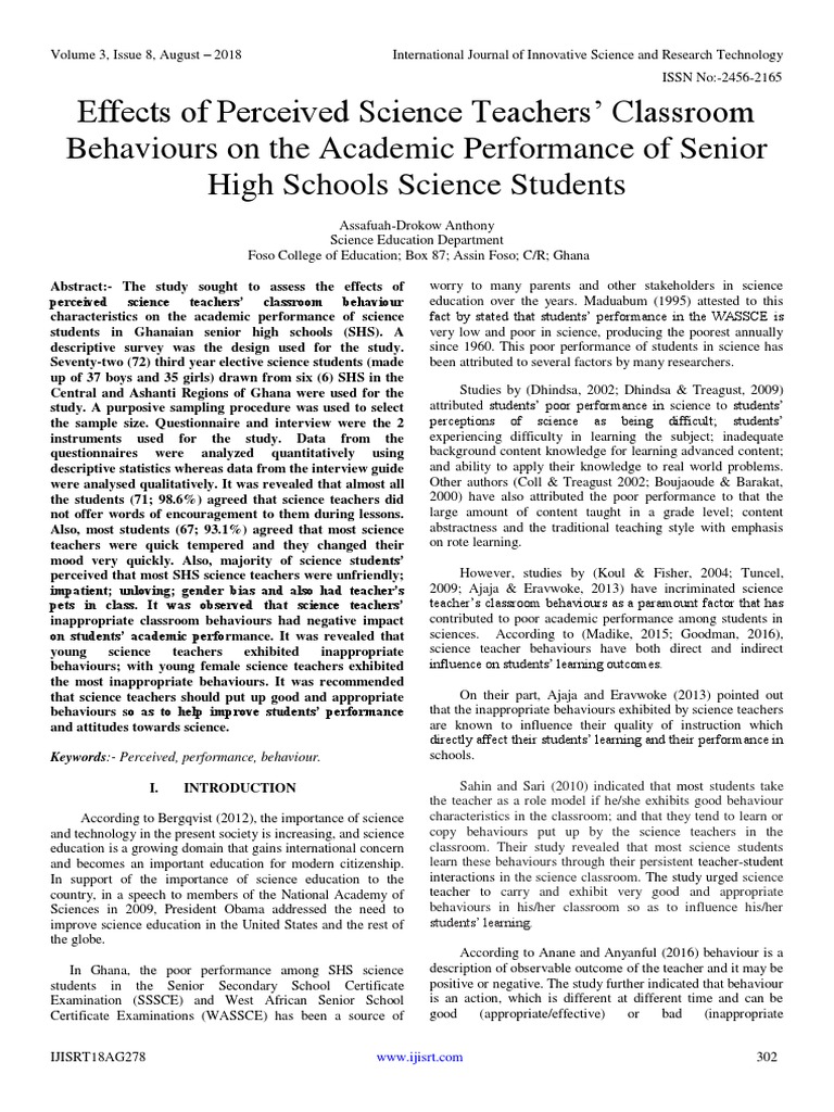 Effects of Perceived Science Teachers' Classroom Behaviours On The ... Effects of Perceived Science Teachers' Classroom Behaviours On The ...