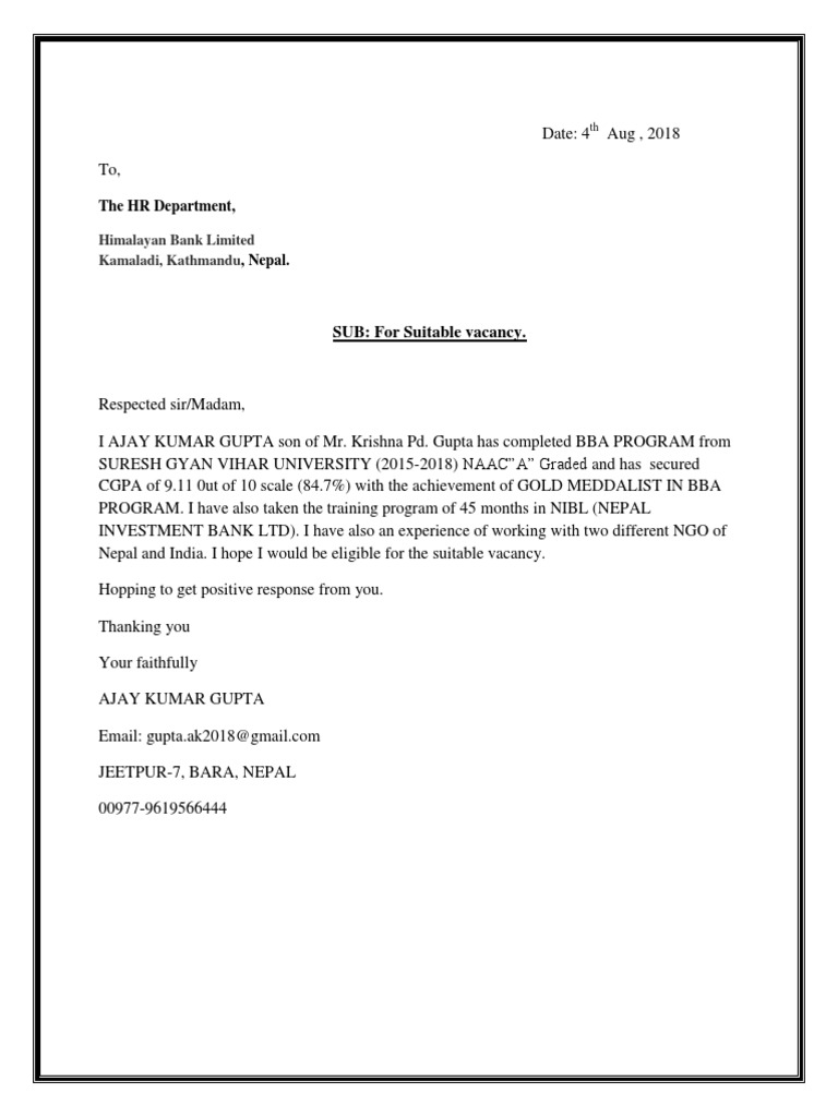 The HR Department,: Himalayan Bank Limited Kamaladi, Kathmandu | PDF