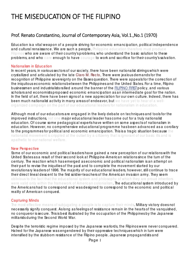 The Miseducation of The Filipino PDF | PDF | Tagalog Language | Philippines