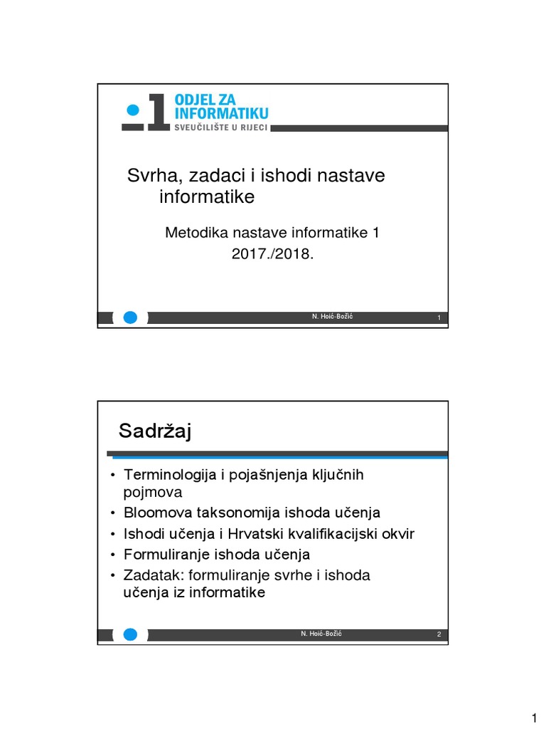 Svrha, Zadaci I Ishodi Nastave Informatike | PDF