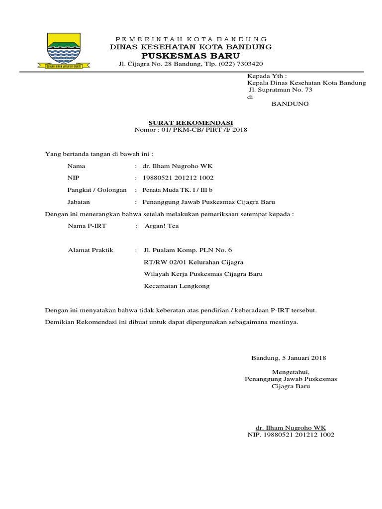 Surat Rekomendasi Pirt 2018 | PDF