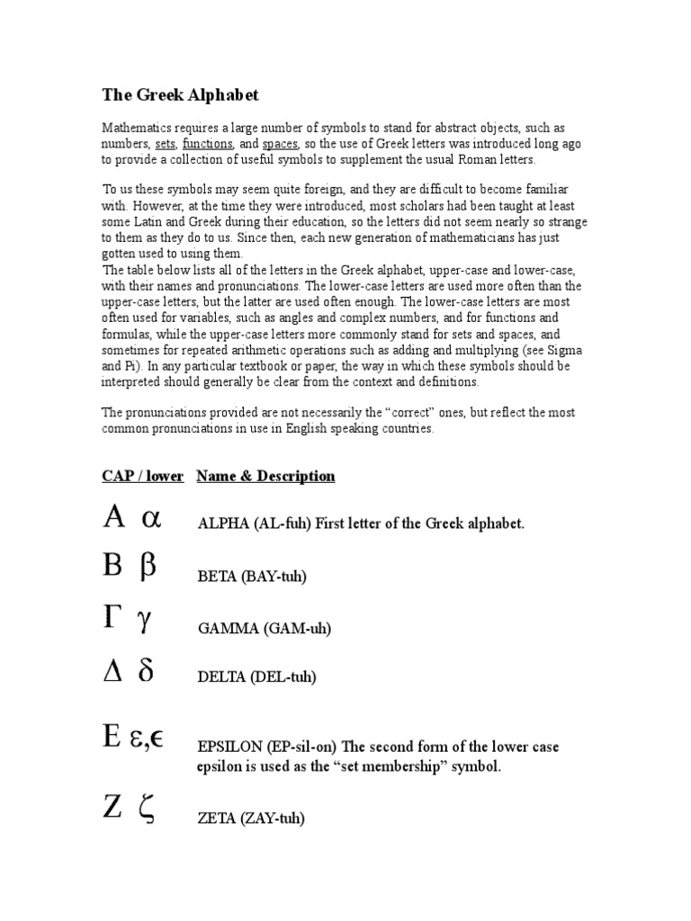 The Greek Alphabet: CAP / Lower Name & Description | PDF | Greek ...