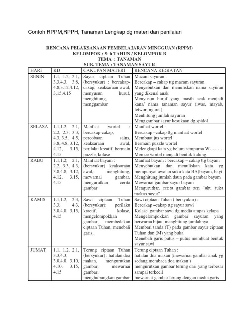 RPPM dan RPPH Tema Tanaman PAUD | PDF