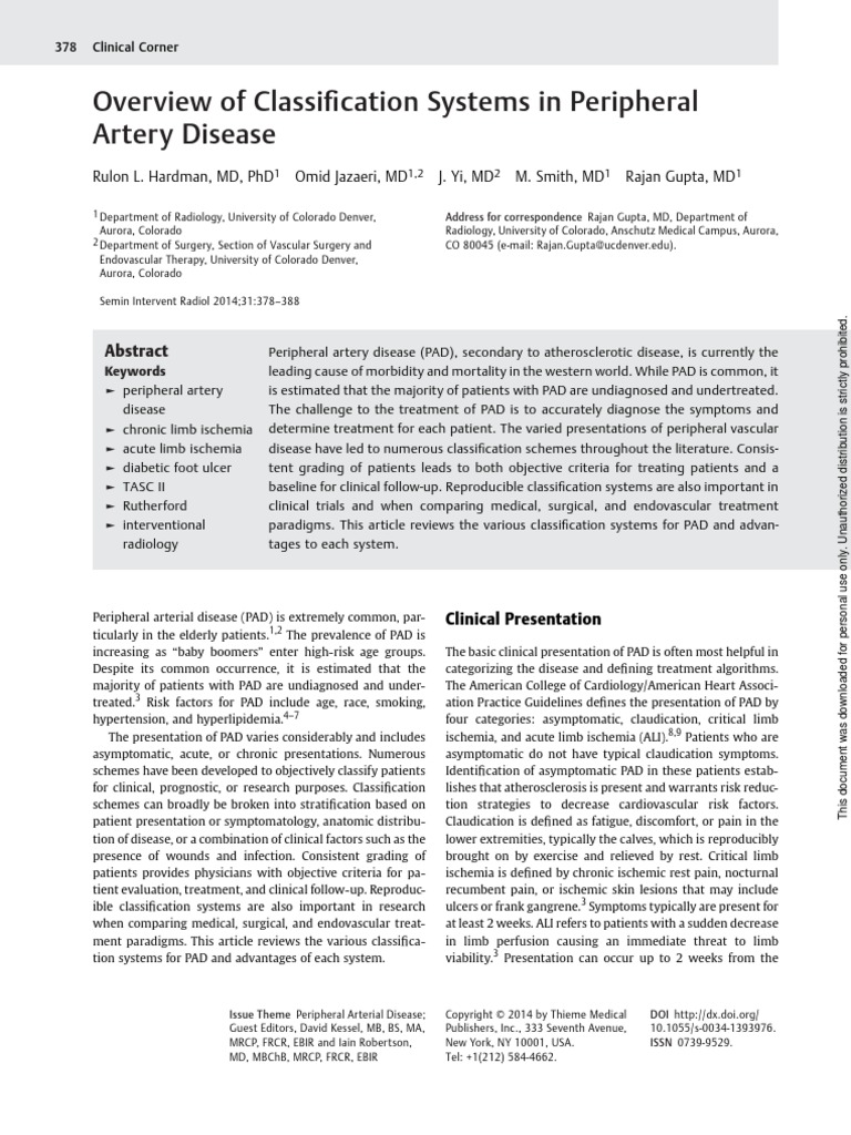 Overview of Classification Systems in Peripheral Artery Disease PDF ...