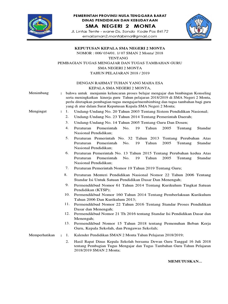 SK Pembagian Tugas Semester Genap 2018 2019 | PDF