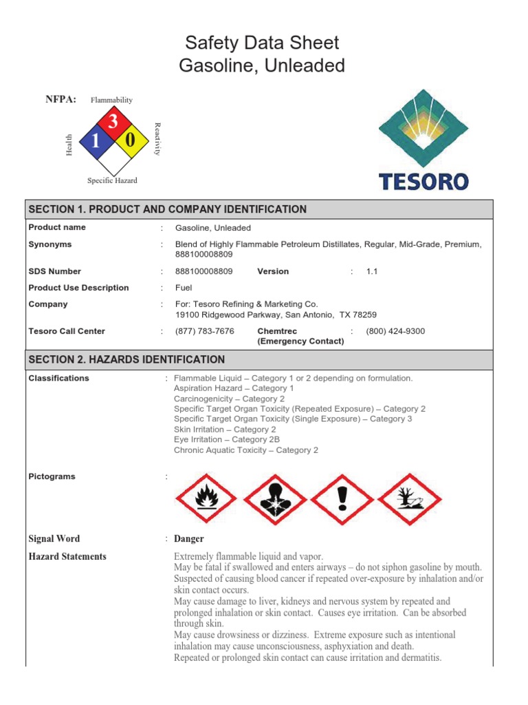 Gasoline Unleaded Regular PDF | PDF | Combustion | Toxicity