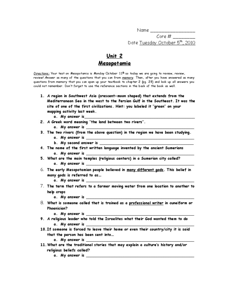 Mesopotamia Study Guide Test Monday October 1th, 2010 | PDF ...