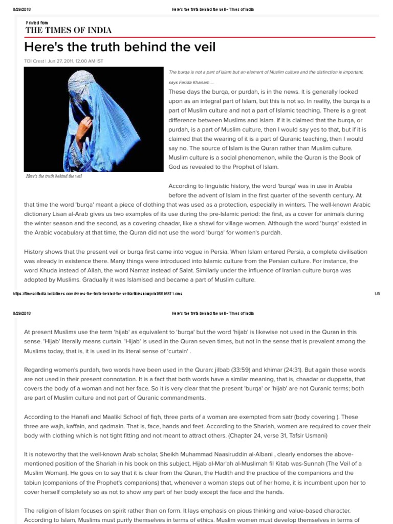 Here's The Truth Behind The Veil - Times of India | PDF | Hijab | Hadith