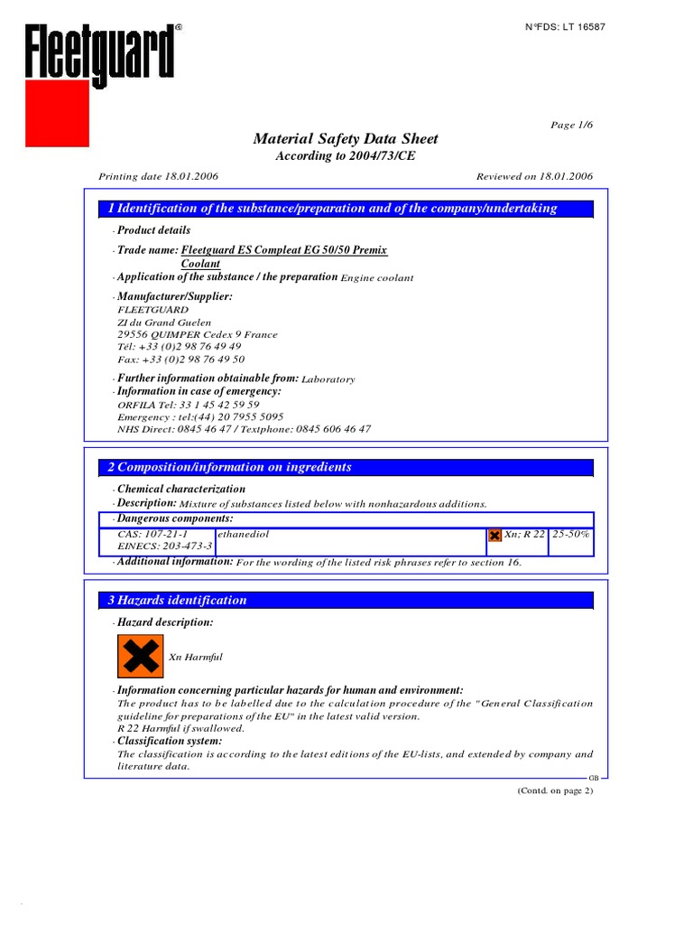 Material Safety Data Sheet: 1 Identification of The Substance ...