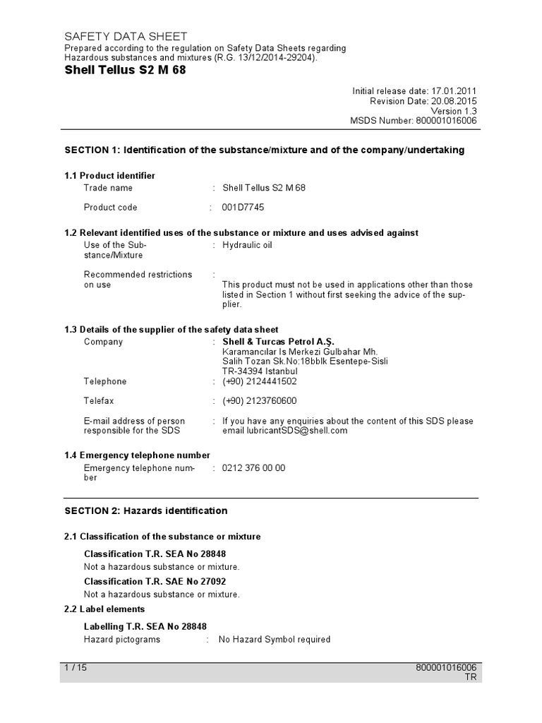 Msds en Shell Tellus s2 M 68 | Download Free PDF | Toxicity | Personal ...