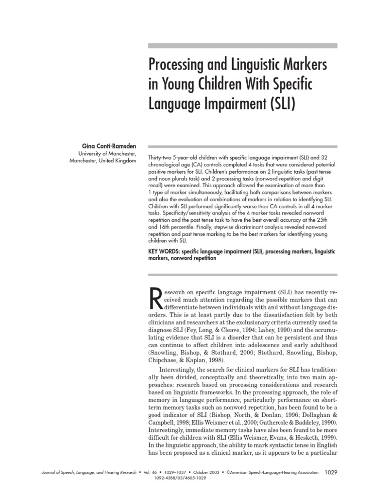 Processing and Linguistic Markers in Young Children With Specific ...