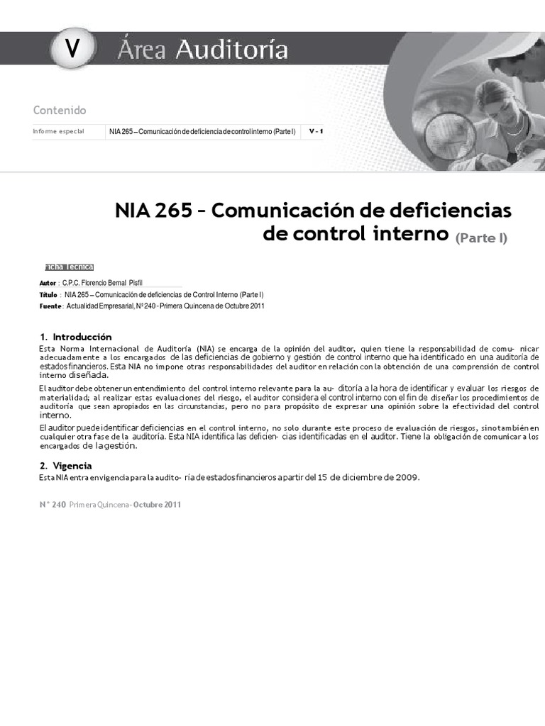 Nia 265 Parte I Actualidad Empresarial | PDF | Contralor | Auditoría