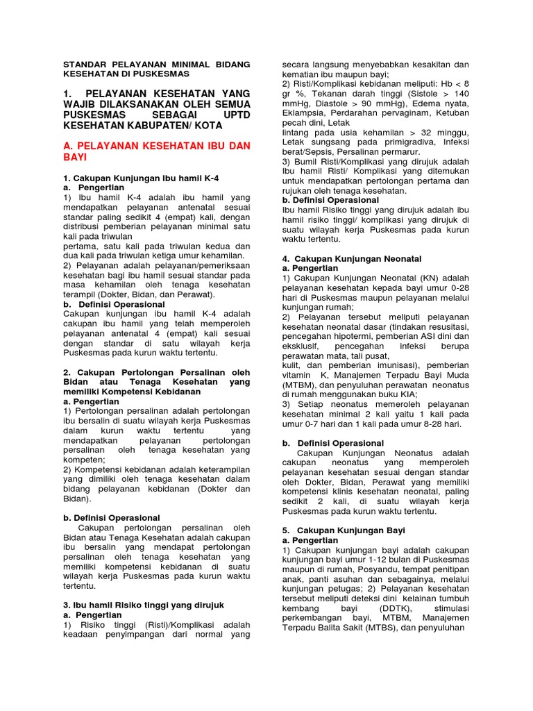 Standar Pelayanan Minimal Bidang Kesehatan Di Puskesmas | PDF