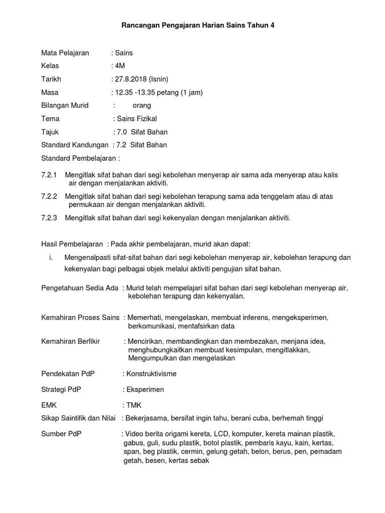 RPH Sains Tahun 4 Sifat Bahan Menyerap Air | PDF