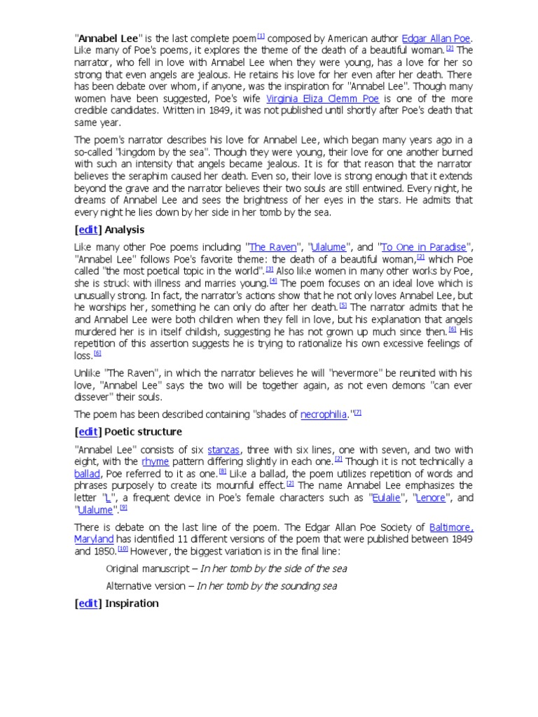 Annabel Lee - Analysis | PDF | Poetry | Classics