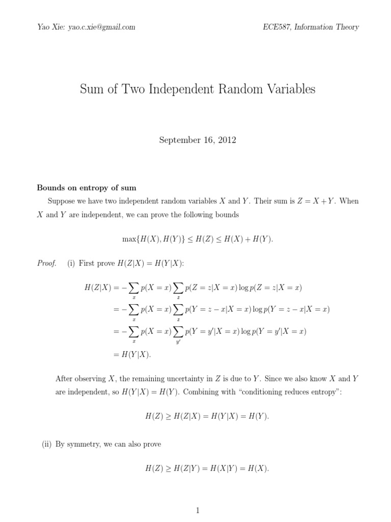 Sum of Two Independent Random Variables: September 16, 2012 | Download ...