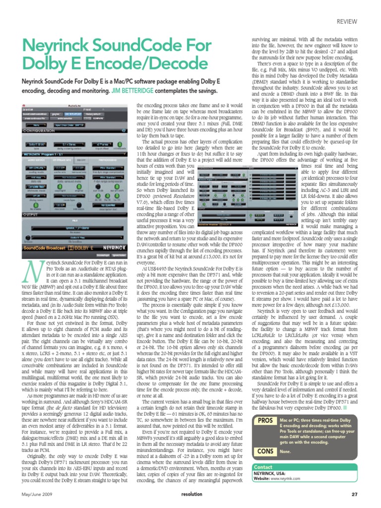 Neyrinck DolbyE Review | PDF | Media Technology | Digital Technology