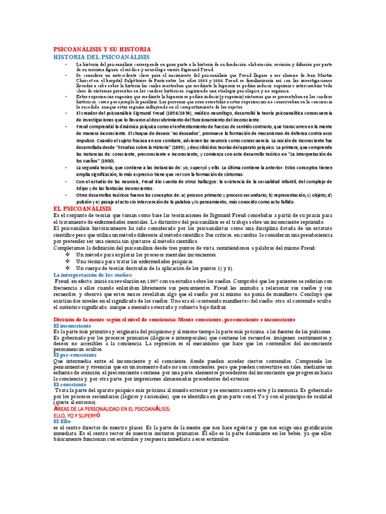Resumen Historia Del Psicoanalisis | PDF | Psicoanálisis | Mente inconsciente