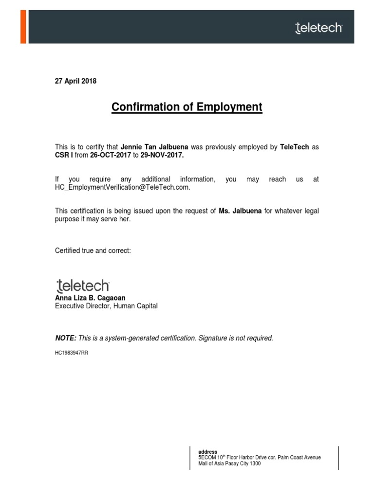 CERTIFICATE OF EMPLOYMENT (Teleperformance) PDF, 47% OFF