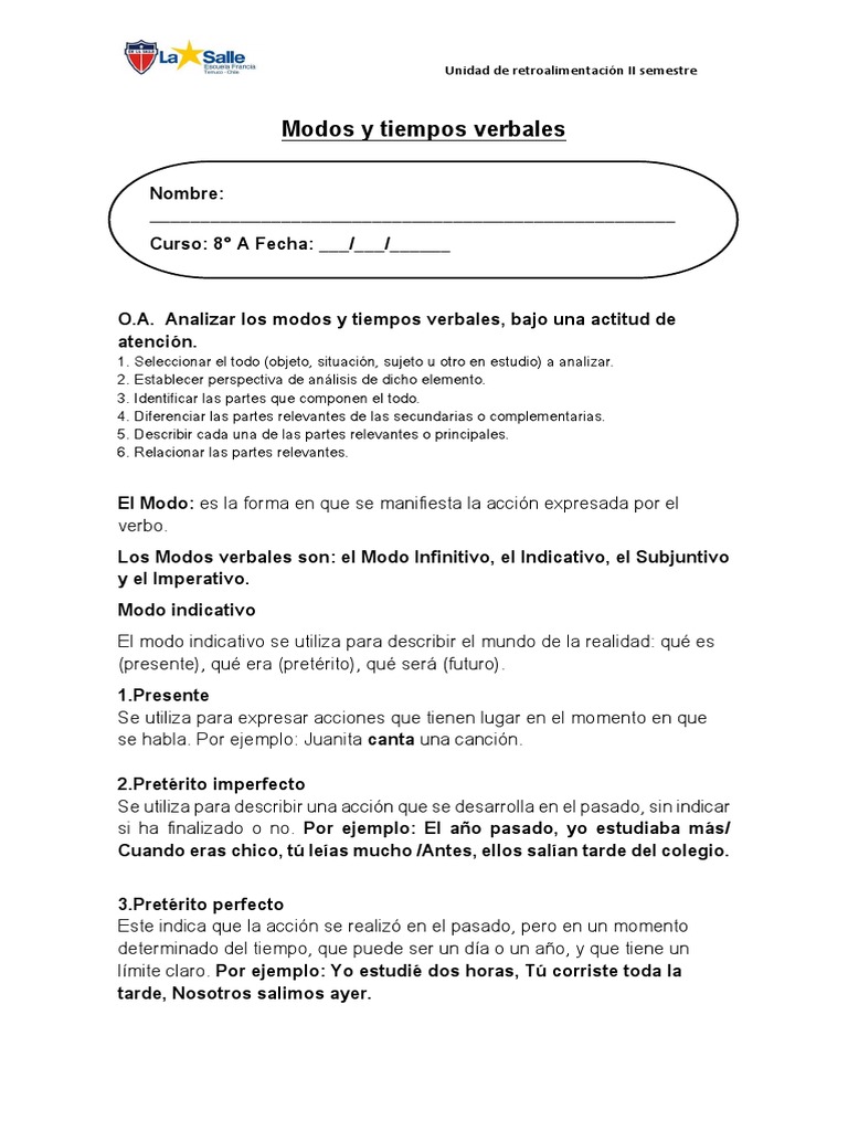 Guía de Modos y Tiempos Verbales 8 | PDF | Verbo | Mecánica del lenguaje