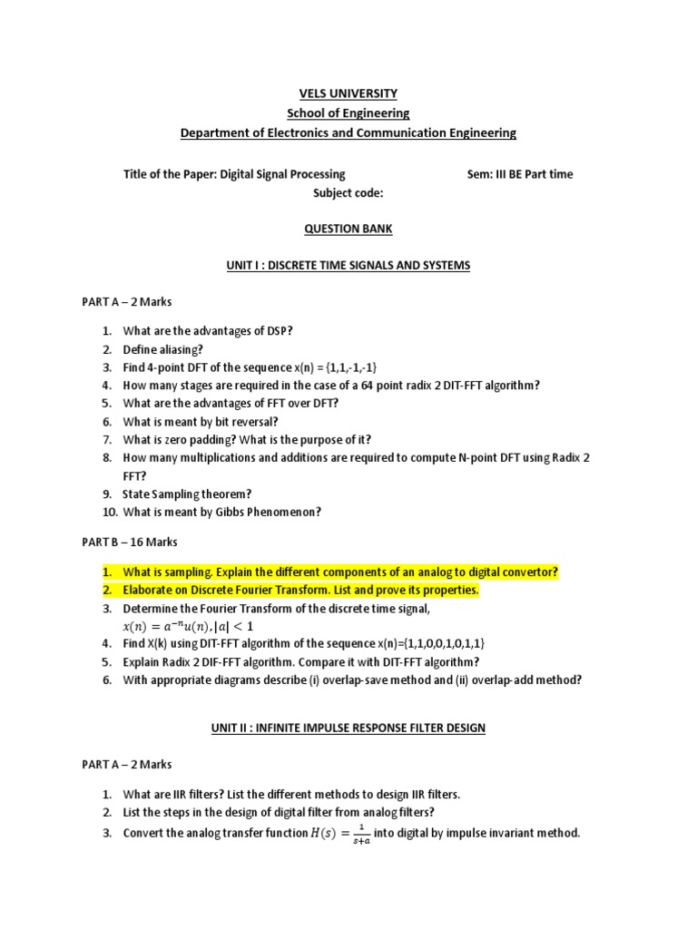 DSP Question Bank PDF | PDF | Digital Signal Processing | Discrete Fourier Transform