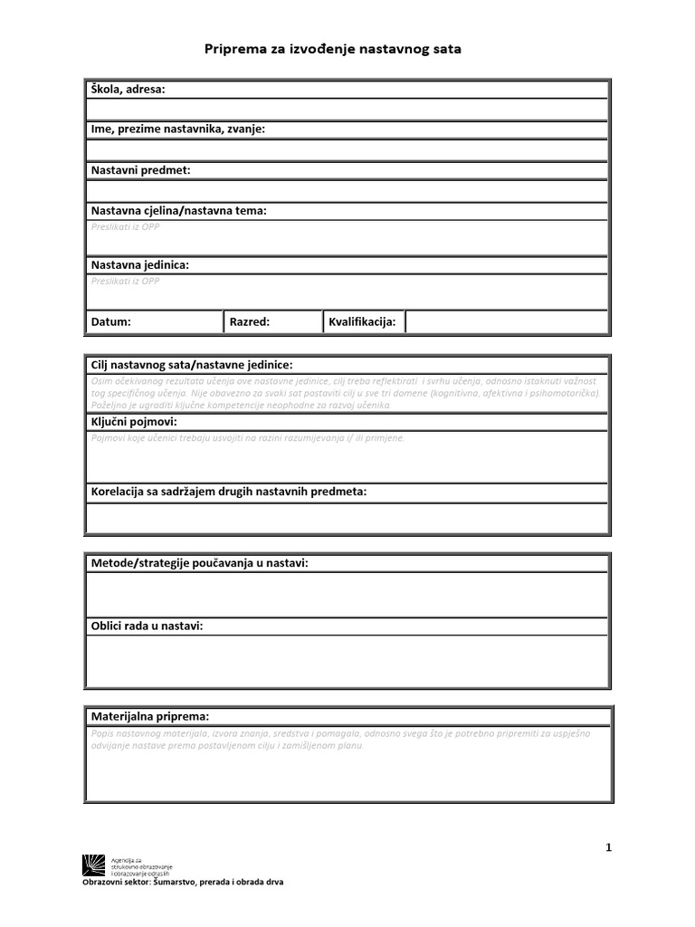Hko Obrazac Pripreme Za Nastavni Sat U Os Šumarstvo, Prerada I Obrada ...