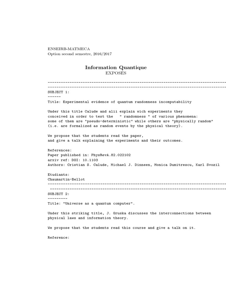Information Quantique: Expos ES | PDF | Discrete Mathematics | Modern ...