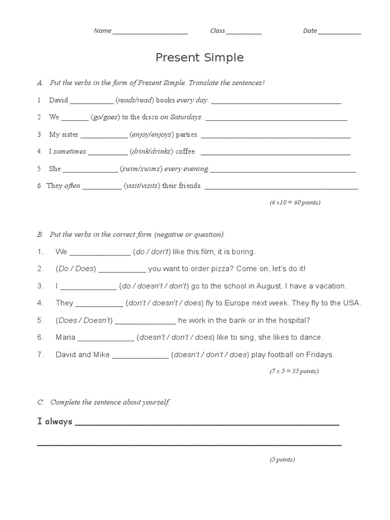 Present Simple Worksheet | PDF