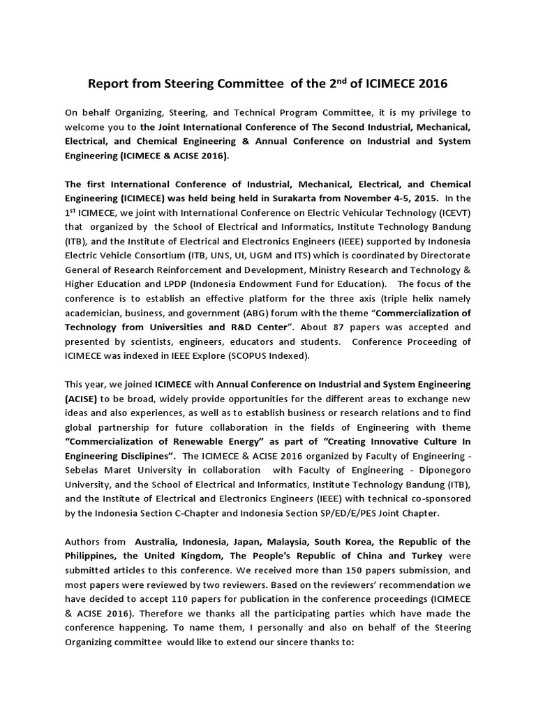 Report From Steering Committe of The 2nd of ICIMECE 2016 | PDF | Academia | Engineering