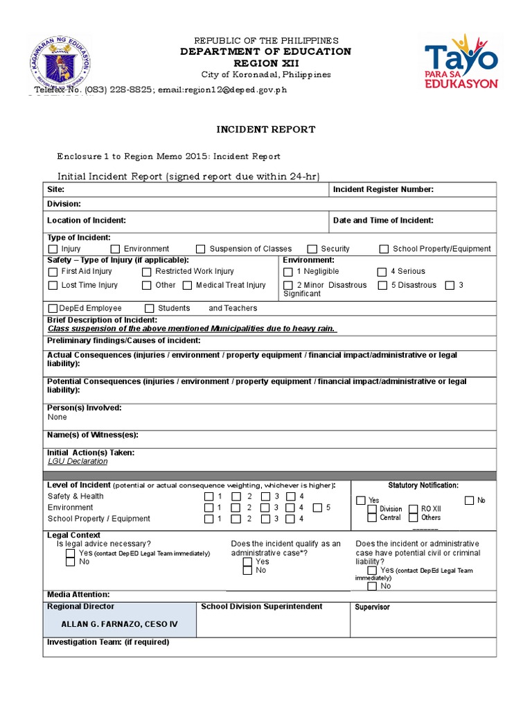 DepED XII Incident Report - No. 1 | PDF | Social Institutions | Social ...