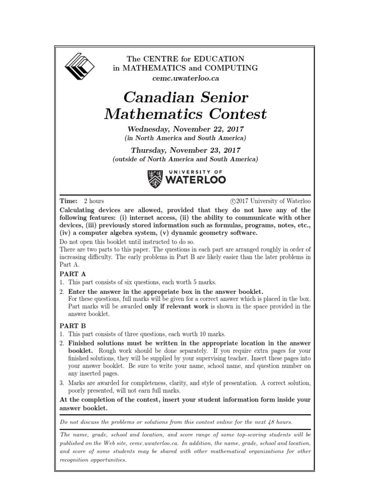 Canadian Senior Mathematics Contest: The Centre For Education in ...